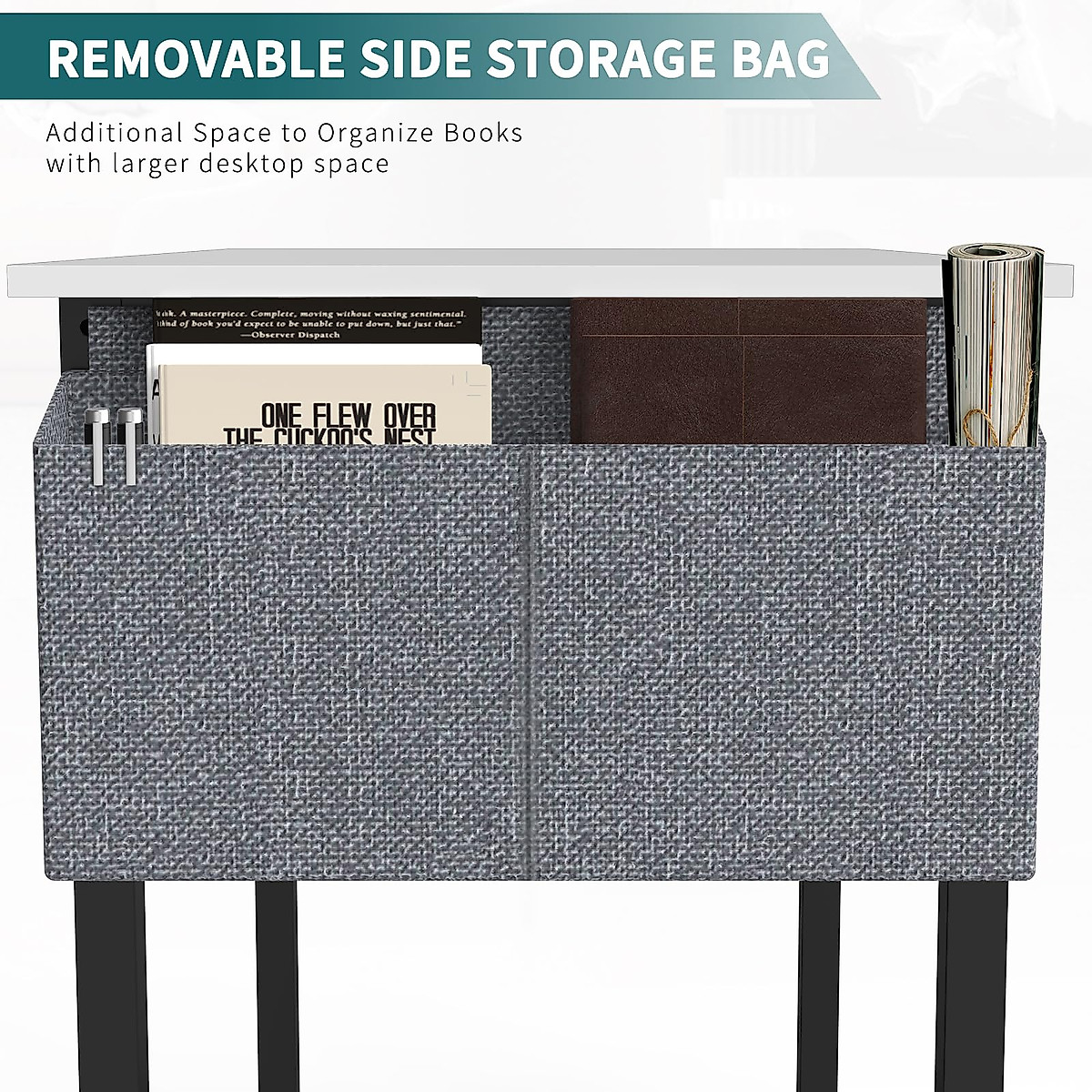 SMUG Computer Desk 32 Inch Home Office Writing Wood Desk Storage Bag & Headphone Hook Small Spaces Simple Bedroom Work Study Kids Table, White