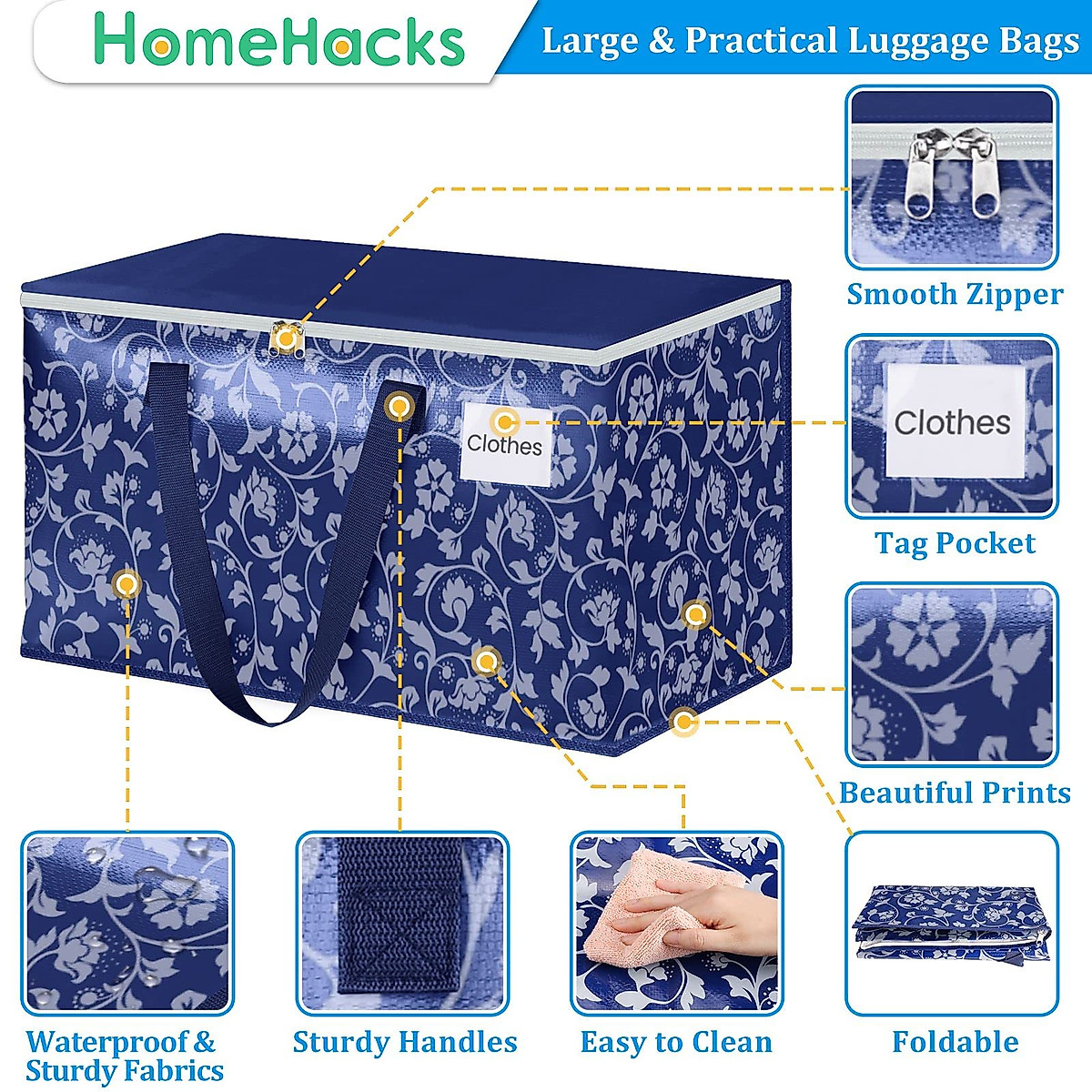 HomeHacks Moving Bags, Extra Large Size Moving Boxes, Heavy Duty Luggage Bags with Smooth Zipper and Sturdy Handles, Large Capacity & Easy Loading Storage Totes for Space Saver 88L, 6-Pack, Blue