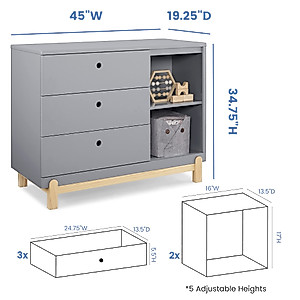 Delta Children Poppy 3 Drawer Dresser with Cubbies, Grey/Natural