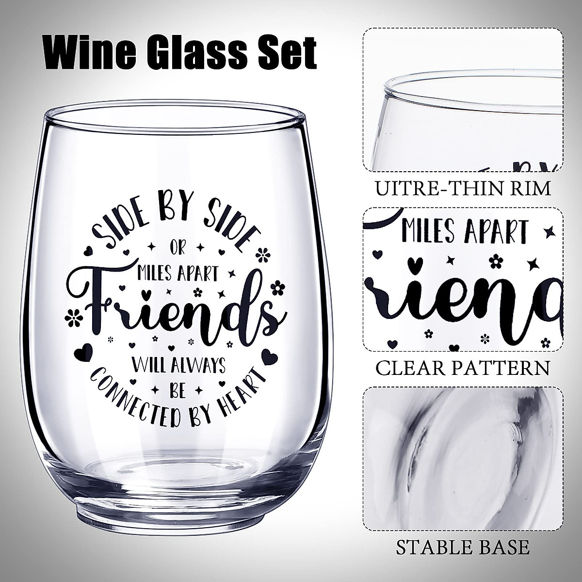 Irenare 4 Pcs Friends Wine Glasses, 15 oz Wine Glasses Gift for Women Friendship Gifts Birthday Gifts for Women, Sister, Mom, Grandma, Nana, Her