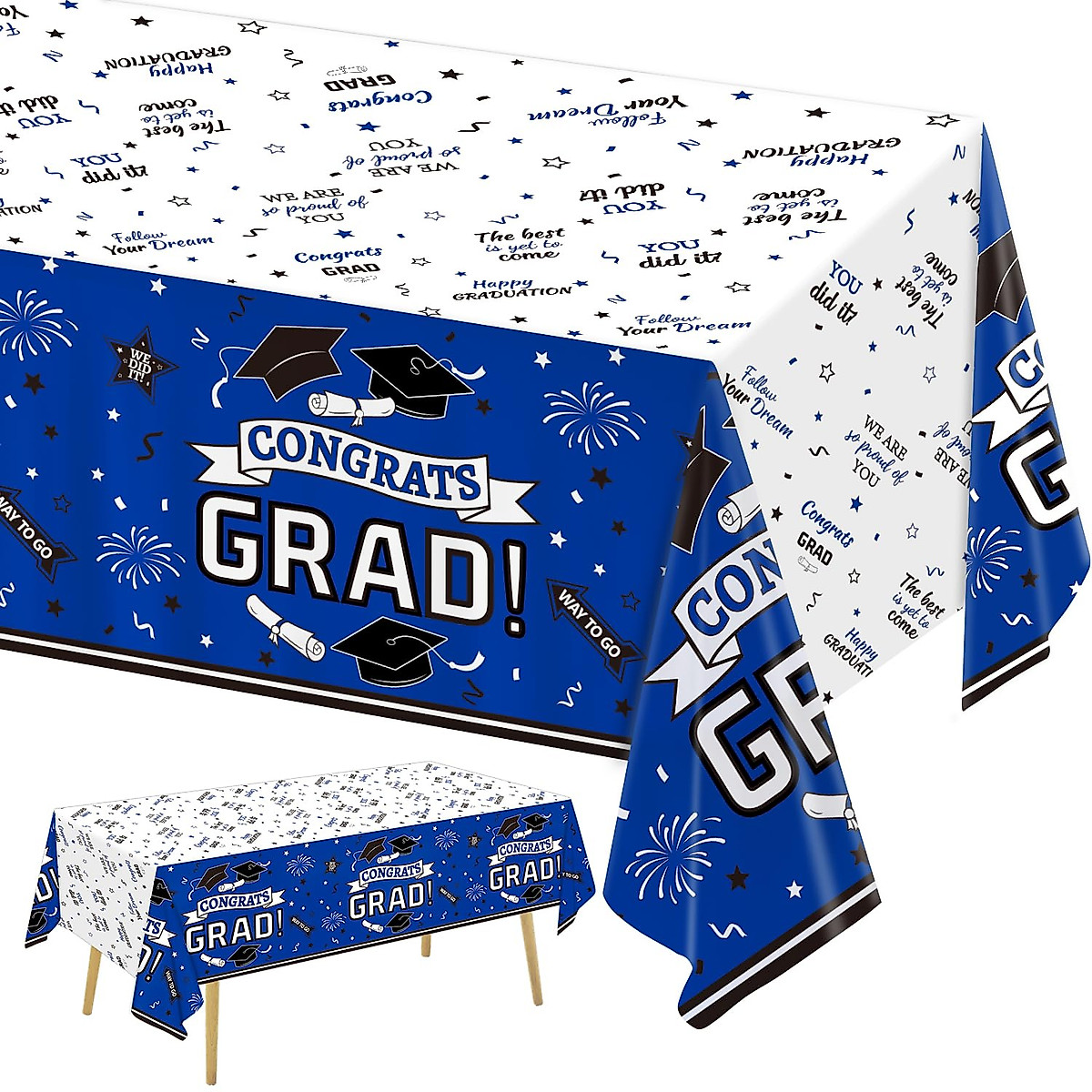 Oigco Tablecloth, 3 Pack Blue Rectangular Graduation Party Table Cloths, 54'' x 108'', Class of 2024 PE Plastic, Lightweight, Pleated Corners, All-Season
