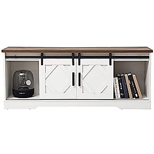 WAMPAT Farmhouse Sliding Barn Door TV Stand for TVs Up to 65 inch, Modern Storage Entertainment Center, Wood Media Console Table Cabinet 3-Level Adjustable Shelf for Living Room, White/Oak