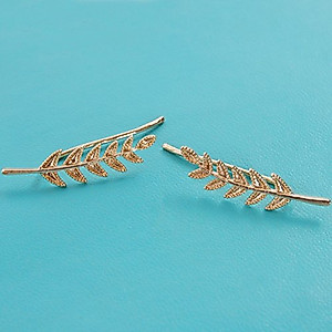 Humble Chic Ear Crawler Earrings for Women - Hypoallergenic Ear Climbers Earrings for Women - Statement Leaf Ear Jacket Earrings Studs - Gold Ear Cuff Bridal Earrings - Gold Earrings, 14K Gold Plated