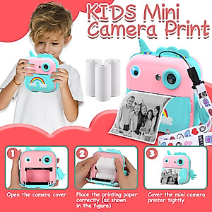 Instant Print Camera for Kids,Inkless Sticker Printer for Girls Boys Age 3-12, 20MP HD Digital Video Cameras, Mini Thermal Printer Kid Toy with 3 Rolls Photo Paper, 5 Color Pens, 32GB Card-Pink