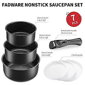 Fadware Induction Sauce Pan Set 1.5QT & 2QT & 3QT, Pot Set with 3 Frige Covers, Cooking Pot Set with Removable Handle, Nonstick Saucepans for Cooking, 7-Piece