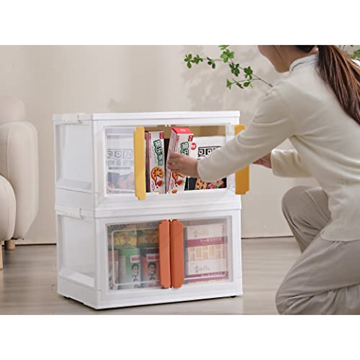 4EVRYAUN 58L Washable Foldable Clear Storage Bins Large Organizer Containers with Lids & Wheels, for Bedding, Toys, Food, White+Yellow