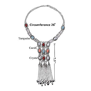 Turquoise Long Boho Bohemian Statement Ethnic Tribal Necklace for Women Vintage Retro Rhinestone (Silver)