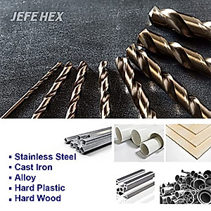 JEFE HEX 29 PCS M35 Cobalt Drill Bit Set, HSS Twist Jobber Drill Bits with 135 Degrees Split Point and Three-Flat Shank, 3/8” Reduced Shank, Gold Oxide Metal Drill Bits Set (1/16” - 1/2” x 1/64”)