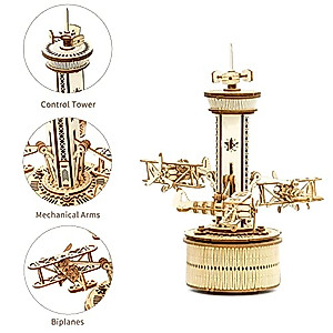 ROBOTIME 3D Wooden Puzzles for Adults DIY Musical Box Model Kit to Build Self-Assembly Building Kit Airplane-Control Tower