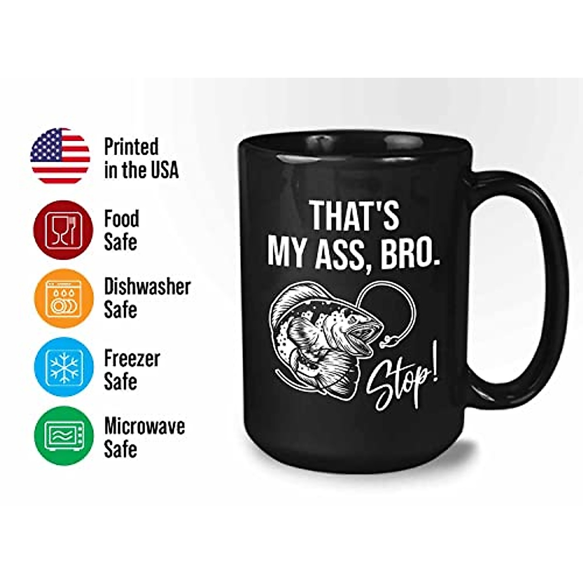 Bubble Hugs Fishing Coffee Mug 15oz Black - Bro Stop - Bass Fishing Spooler Boat Lovers Lures Rod Funny Fisherman Joke Retirement Grandpa