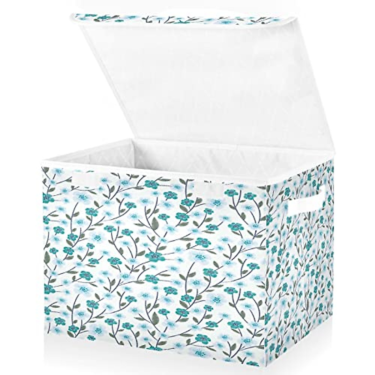 Kigai Storage Basket Blue Floral Storage Boxes with Lids and Handle, Large Storage Cube Bin Collapsible for Shelves Closet Bedroom Living Room, 16.5x12.6x11.8 In