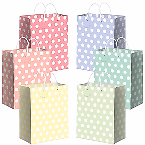 Pastel Polka Dot Easter Gift Bags - Set of 6 - 10" Medium Size Gift Bags With Handles & Name Tags - Colorful Rainbow Gift Bags. Perfect for Easter, Birthdays, Baby Showers, Kids Unicorn Parties & more! - Set of 6