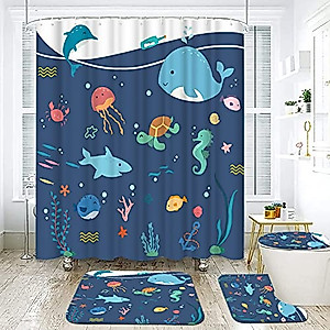 AtGoWac 4 Piece Blue Ocean Fish Shower Curtain Sets with Rugs, Lovely Cartoon Undersea World Shower Curtains, Kids Children Bathroom Decor Set