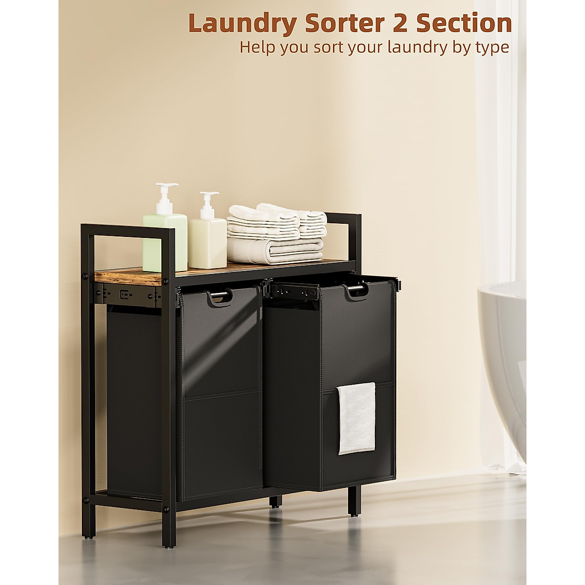 Cunutak Upgrade Laundry Hamper with Shelf, Silent Drawer Laundry Basket Organizers with Pull-Out, Laundry Hamper 2 Section and Removable Bags, 2 X 50L Laundry Sorter for Laundry Room, Bathroom