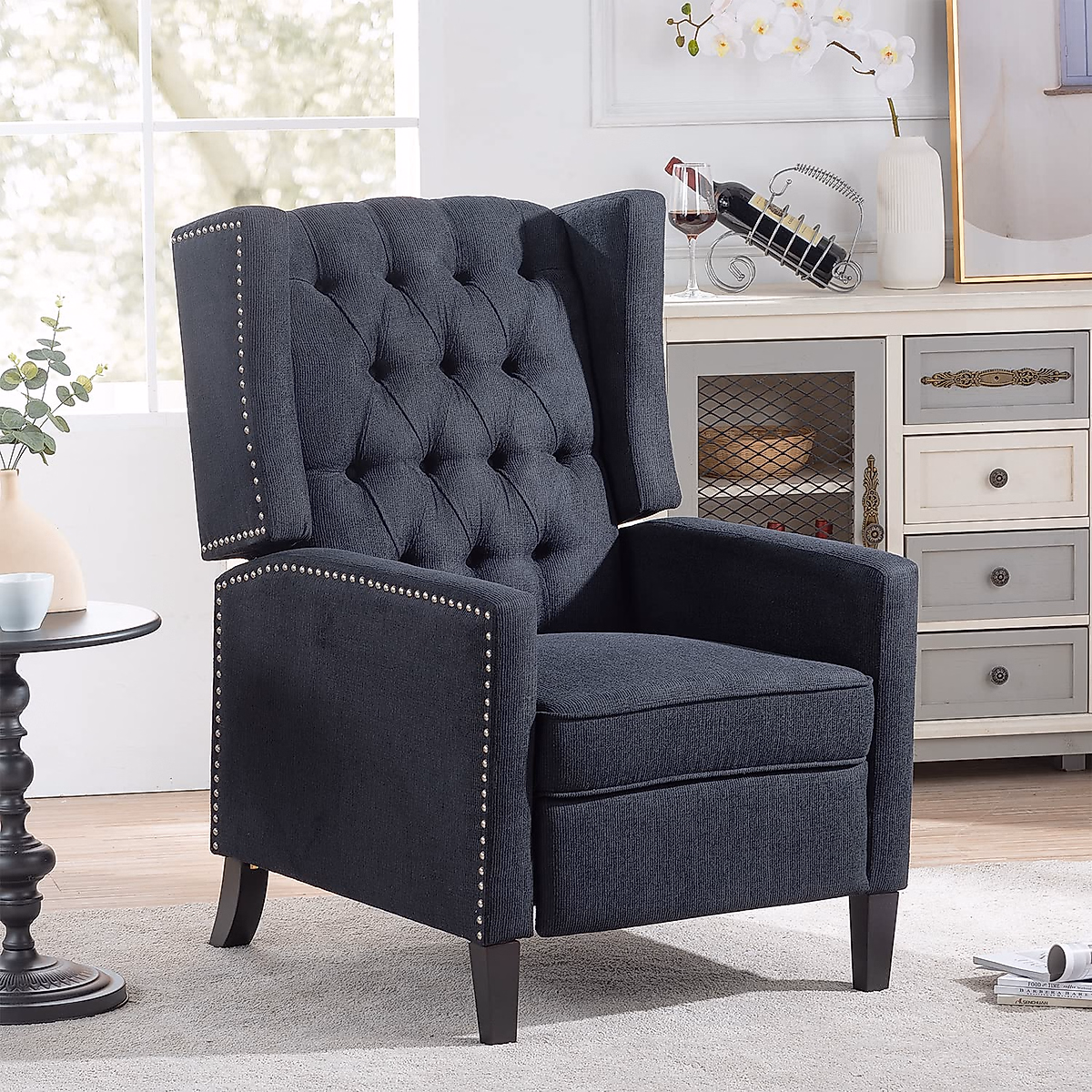 Black Fabric Recliner Chair for Adults Accent Wingback Chair Mid-Century Modern Recliner Tufted Chairs Living Room Armchair for Bedrooms Reading Recliner 27" Wide