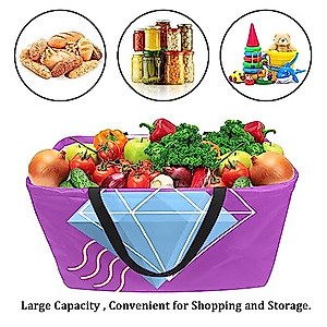 KQNZT Reusable Grocery Bags, Heavy Duty Reusable Shopping Bags, Large Tote Bags with Long Handles and Reinforced Bottom, Purple Blue Diamond