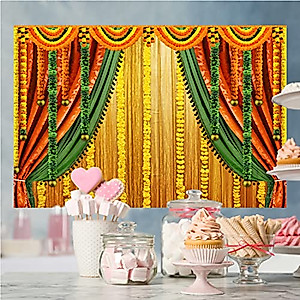 Lofaris India Pooja Photography Backdrop Puja Ganpati Pooja Traditional Mehndi Festival Background Diwali Decorations Wedding Party Marigold Garlands Photo Props 5x3ft
