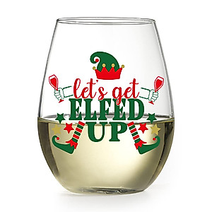 DYJYBMY Let's Get Elfed Up Christmas Wine Glass, Christmas New Year Gifts for Women, Funny Christmas Themed Wine Glass for Holiday Party Decorative, Gift Idea for Christmas Wedding Party