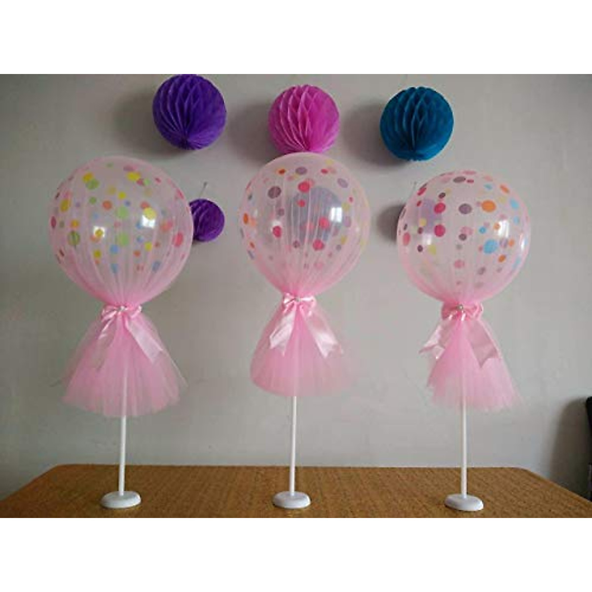 Suppromo Pink Polka Dot Balloons Set Tutu Tulle Balloons With Column Base Kit for Baby Shower Girl Wedding Birthday Party Table Decorations(12 inch Pink Tulle Balloon, 6 Pack)