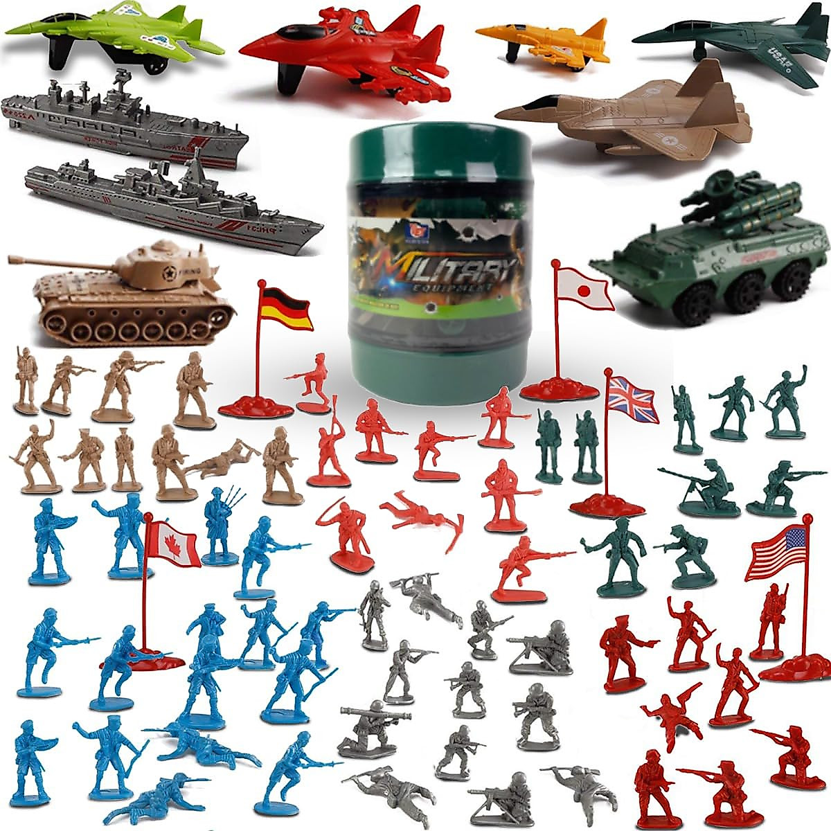 Liberty Imports 120 PCS Army Men Toy Soldiers & Battle Vehicles Military Action Figures Deluxe Bucket Set - World War II Little Plastic Action Figurines for Kids, Boys Imaginary Play