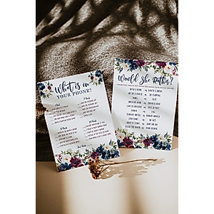 Your Main Event Prints Navy and Burgundy Floral Bridal Shower Bachelorette Games - He Said She Said, Find The Guest Quest, Would She Rather, What's in Your Phone - 25 - Printed Front and Back
