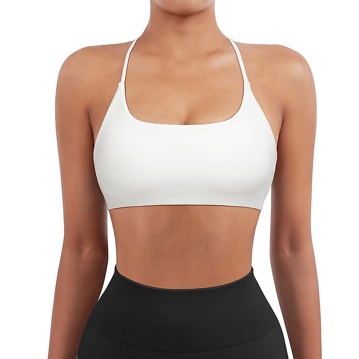 SUUKSESS Women 2 Piece Open Back Sports Bra Pack Strappy Workout Gym Yoga Crops (White & Black, L)