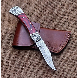 Nesmo-511 Damascus Steel Pocket Knife for Men - Handmade Folding Hunting Knives with Leather Pouch - Best Knife for Camping Hunting Hiking (Red Pakka Wood Handle)