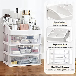 Makeup Organizer for Vanity, Skincare Organizers with 3 Drawers, Cosmetics Organizer for Skin Care, Eyeshadow, Brushes, Lipstick, Powders, Nail Polish.Great for Dresser, Bedroom, Bathroom (White)