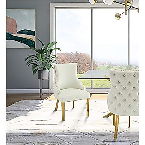 Meridian Furniture 730White-C Collection Modern | Contemporary Faux Leather Upholstered Dining Chair with Tufted Back and Gold Sturdy Stainless Steel Legs, Set of 2, 24" W x 25.5" D x 37.5" H, White