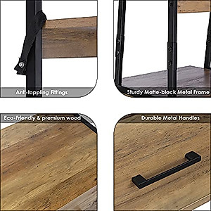 URKNO Industrial Ladder Shelves, Bookcase with Fabric Drawers and 3 Tier Open Shelves, Freestanding Storage Cabinet Tall Nightstand for Living Room, Bedroom, Office, Rustic Brown