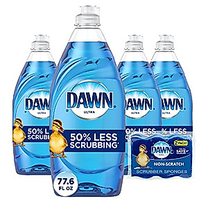 Dawn Ultra Dishwashing Liquid Dish Soap (4x19.4 Fl oz) + Non-Scratch Sponge (2 Count), Original Scent