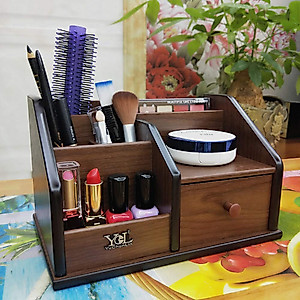 Wooden desk organizer with Drawer,Multifunctional Office & Home Storage Organizer as Large pencil holder makeup organizer remote control holder etc. (YCL829)