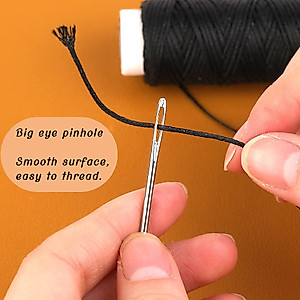 Ftyiwu Waxed Thread 32 Yards (Black), Leather Sewing Waxed Thread with Hand Sewing Needles, Leather Sewing Thread Set for Home Upholstery Carpet Leather Canvas Repair and Sewing