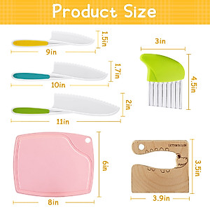 6 Pieces Kids Knife Set Include Wooden Toddler Knife Crinkle Cutter for Veggies Nylon kids knifes for Real Cooking Montessori Kitchen Tools for Toddlers With Cutting Board