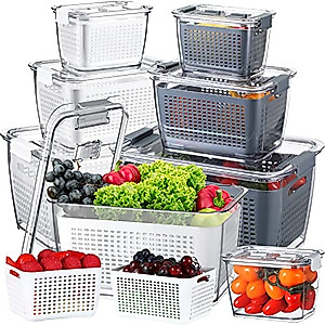 6 Pack Fruit Storage Containers for Fridge Produce Saver Containers for Refrigerator Fruit Containers for Fridge Keep Fresh with Lids Colander and Dividers for Salad Lettuce Berry Vegetable