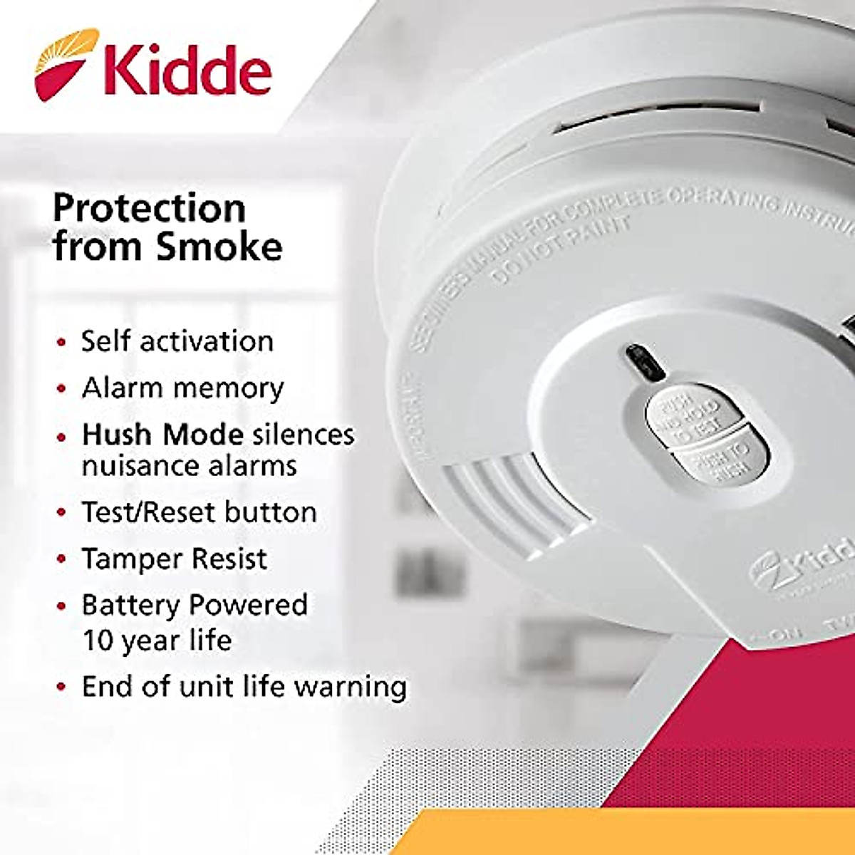 Kidde Smoke Detector, 10-Year Battery, LED Indicators, Replacement Alert, Test-Reset Button, 2 Pack