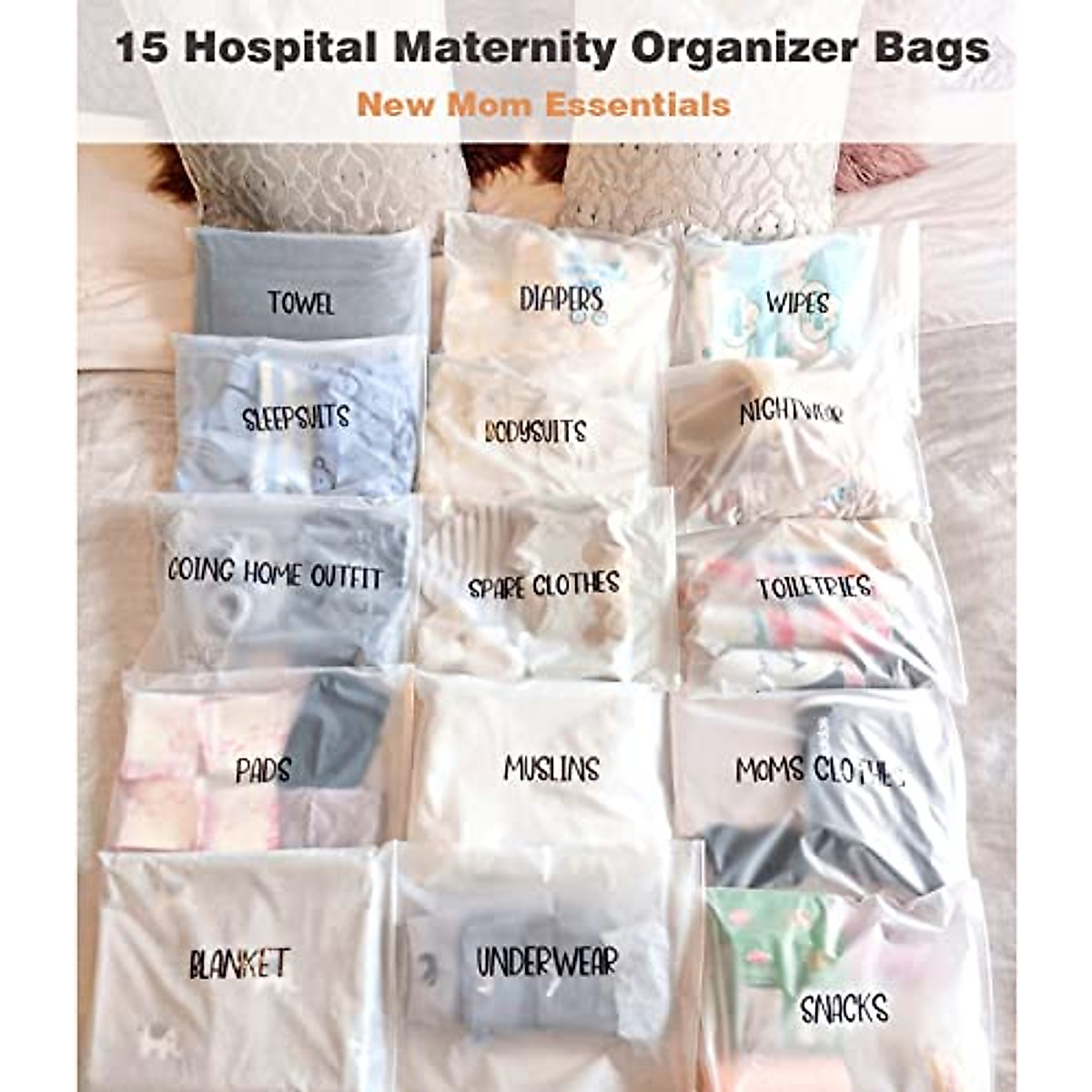 15 Pack Hospital Bags for Labor and Delivery,11 x 14 Inch Maternity Hospital Bag Essentials for Mommy Dad Newborn Baby,Diaper Bag Organizing Pouches Resealable Frosted Pre Packed Bag for First Time New Mom Must Haves