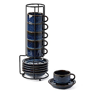 JIEMEI HOME Porcelain Stackable Espresso Cups with Saucers and Metal Stand,4 Ounce Demitasse Cups for Coffee Drinks, Latte, Tea - Set of 6, Stackable Espresso Mugs, Reactive Glaze, Bule