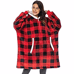 Fantaslook Wearable Blankets Quarter Zipper Blanket Hoodie Microfiber & Sherpa Oversized Sweatshirt for Women & Men（Checkered）