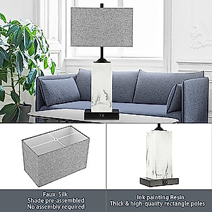 TUUANA Table Lamps for Living Room Set of 2, Modern Bedside Lamps with 2 USB Ports for Bedroom Nightstand, Large End Table Lamps with Grey Fabric Shades for Office Dorm Hotel, Imitation Marble Finish