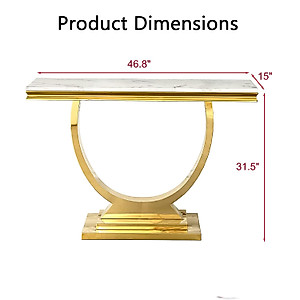 47 Inch Marble Console Table w/Gold U-Shaped Stainless Steel Base Mid-Century Modern Entryway Table for Living Room Hallway Luxury Foyer Table Sofa Table witn High Glossy Finish (White&Gold)