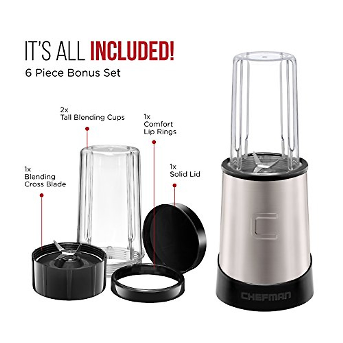Chefman Personal Ultimate Kitchen Blender, Quick Portable Blending of Shakes, Smoothies, Baby Food & Juice, 2 Travel Cups, Cover & Drinking Rim, 6-Piece Set, Dishwasher-Safe Stainless-Steel Blade