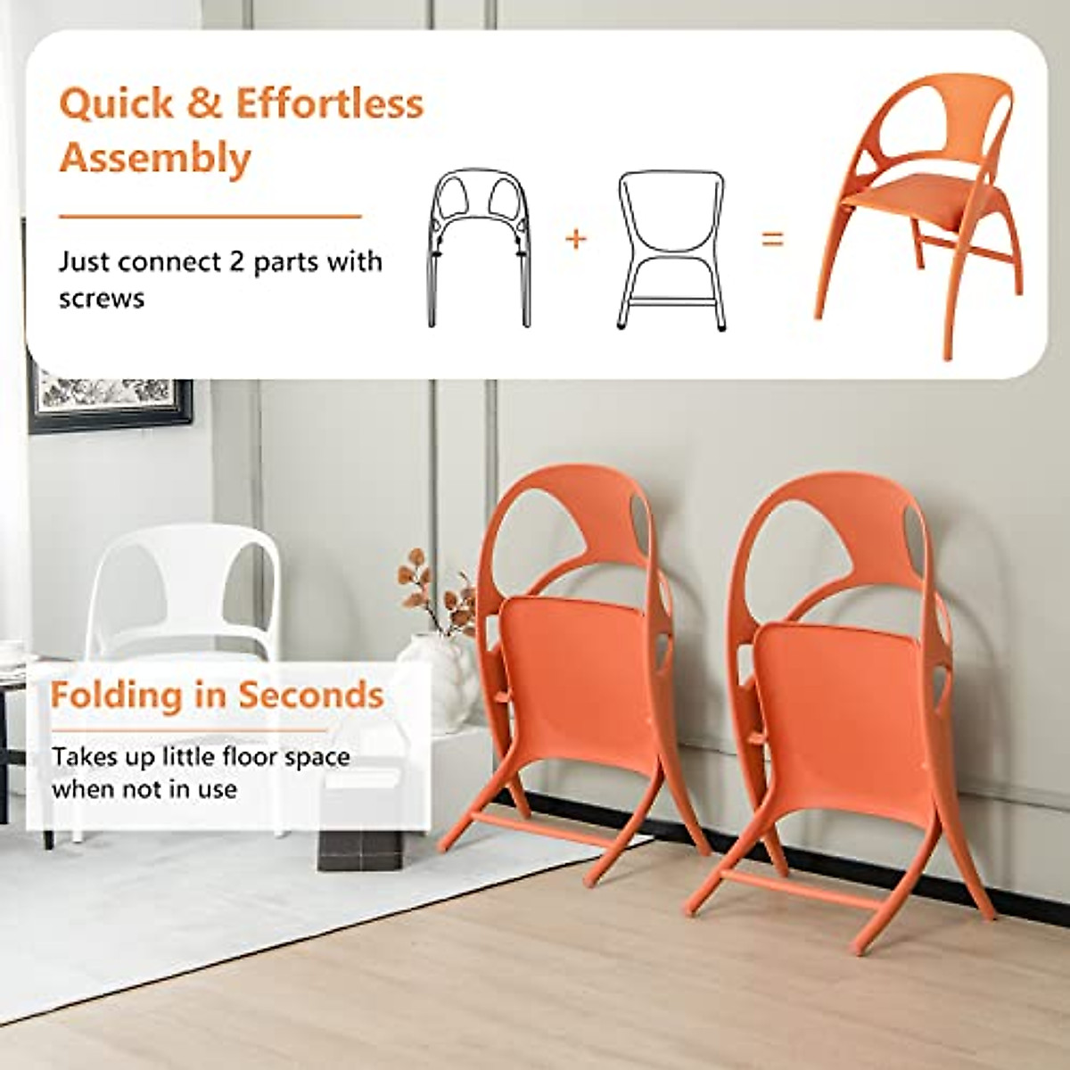 Giantex Folding Dining Chairs Set of 2, Plastic Dining Chairs with Armrest and High Backrest, 330 LBS Indoor Outdoor Modern Dining Chairs for Dining Room Kitchen, Orange