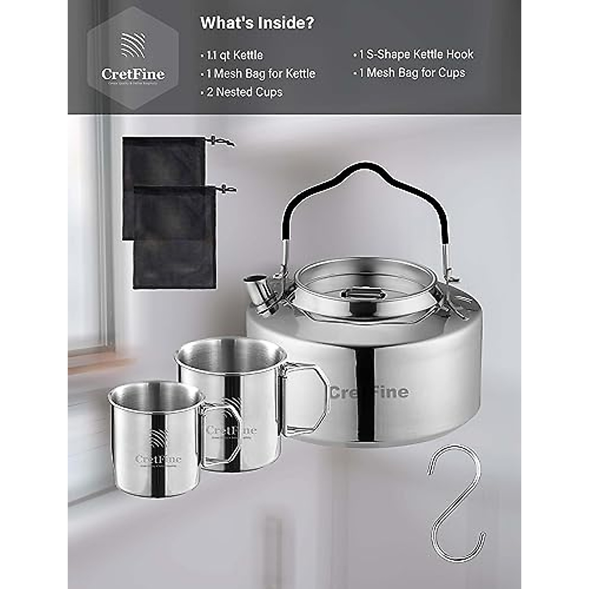 CretFine 304 Stainless Steel Camping Tea Kettle with Stackable Cups and Portable Bag, Anti-scalding Open Campfire Coffee Tea Pot, 1.1 Qt