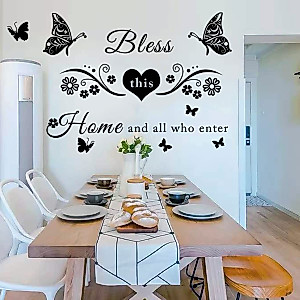 Vinyl Wall Stickers Quotes Wall Art Decal Sticker Bless This Home and All Who Enter Wall Decals Flowers Butterfly Wall Decor Sticker for Entryway Living Room Home Decor.