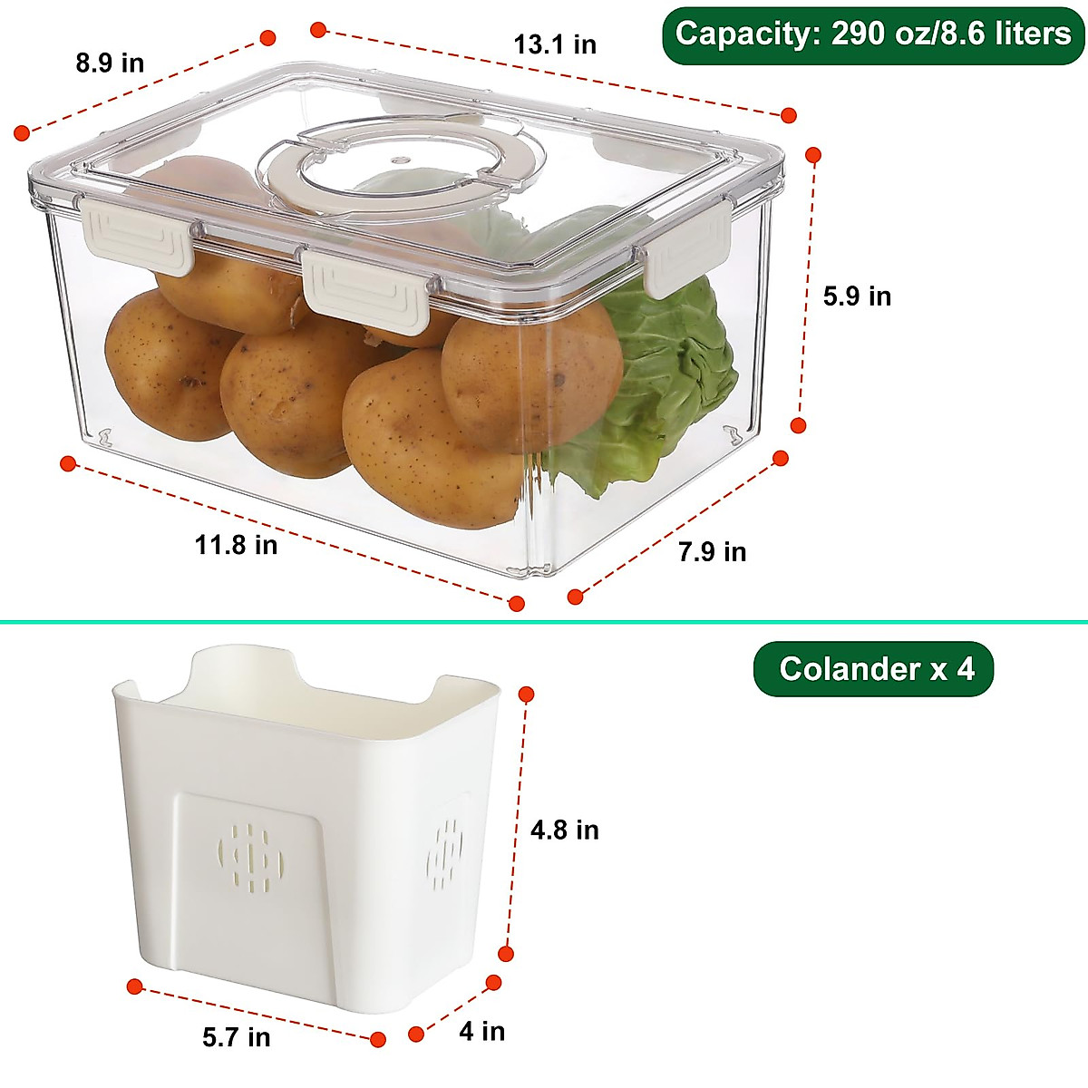 NPXZXC Airtight Fruit Storage Containers with Lids, Fridge Organizer Bins with 4 Removable Baskets, Portable Berry Vegetable Fresh Produce Saver, BPA-Free, Clear