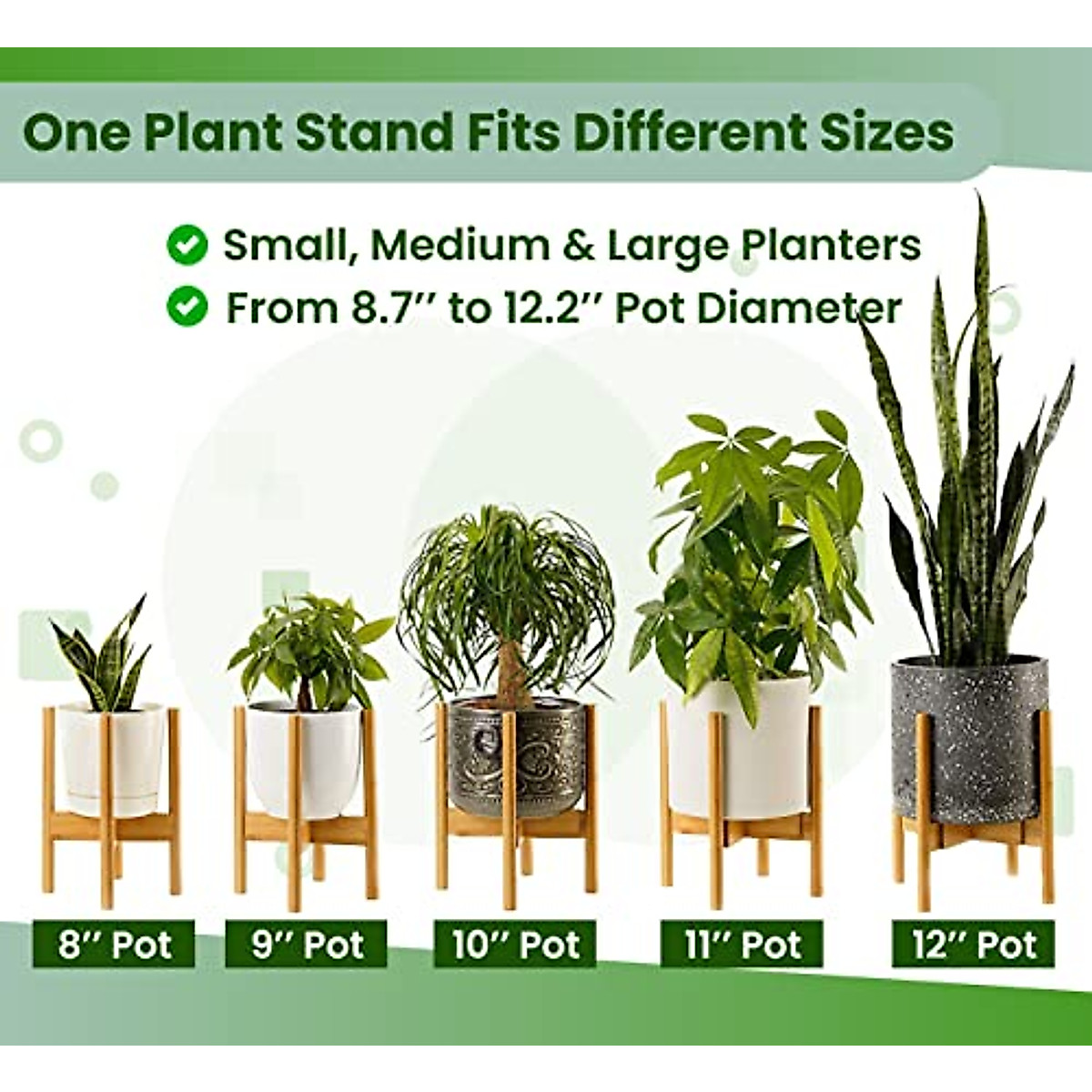 ZPirates Plant Stand Indoor - Bamboo Wood, Full Adjustable, Holds 8 10 and 12 Inch Planter Pots - Holder for Plants and Flowers