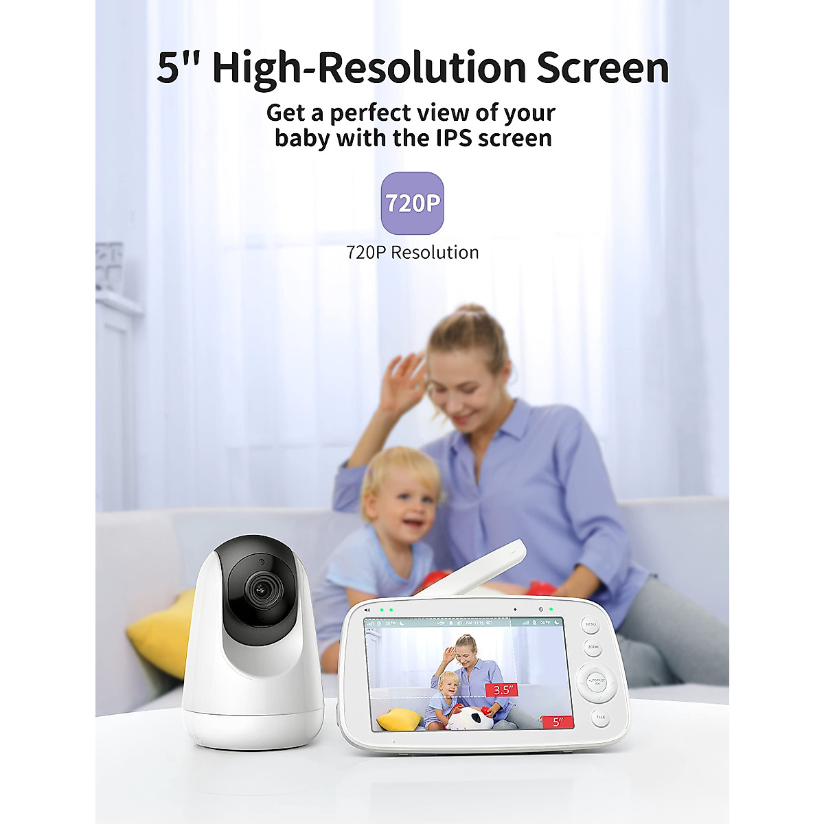 Video Baby Monitor, 5” Split Screen Video Baby Camera with 720P Resolution, Pan-Tilt-Zoom Camera and Audio with Two-Way Talk, VOX Mode, 4500mAh Battery, Auto Night Vision, No Wi-Fi, 5 Lullabies