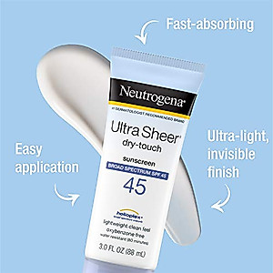 Neutrogena Ultra Sheer Dry-Touch Water Resistant and Non-Greasy Sunscreen Lotion with Broad Spectrum SPF 45, TSA-Compliant travel Size, 3 Fl Oz, Pack of 2, 6 Fl Oz