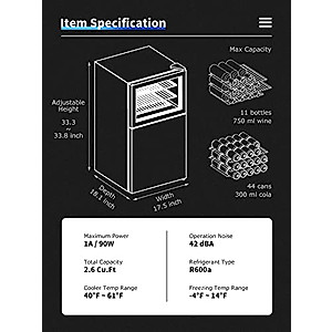 WATOOR Double Door Beverage Wine Cooler with Freezer,1.3 Cu Ft Mini Fridge and 1.3 Cu Ft Freezer with Reversible Door,Dual Zone Temperature Control,Perfect for Home or Office